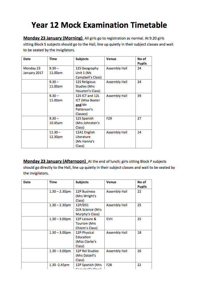 Year 12 Mock Examination Timetable – January 2017 « Belfast Model ...