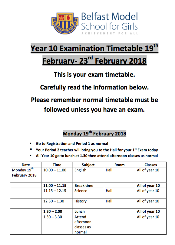 Year 10 Examination Timetable – February 2018 « Belfast Model School ...