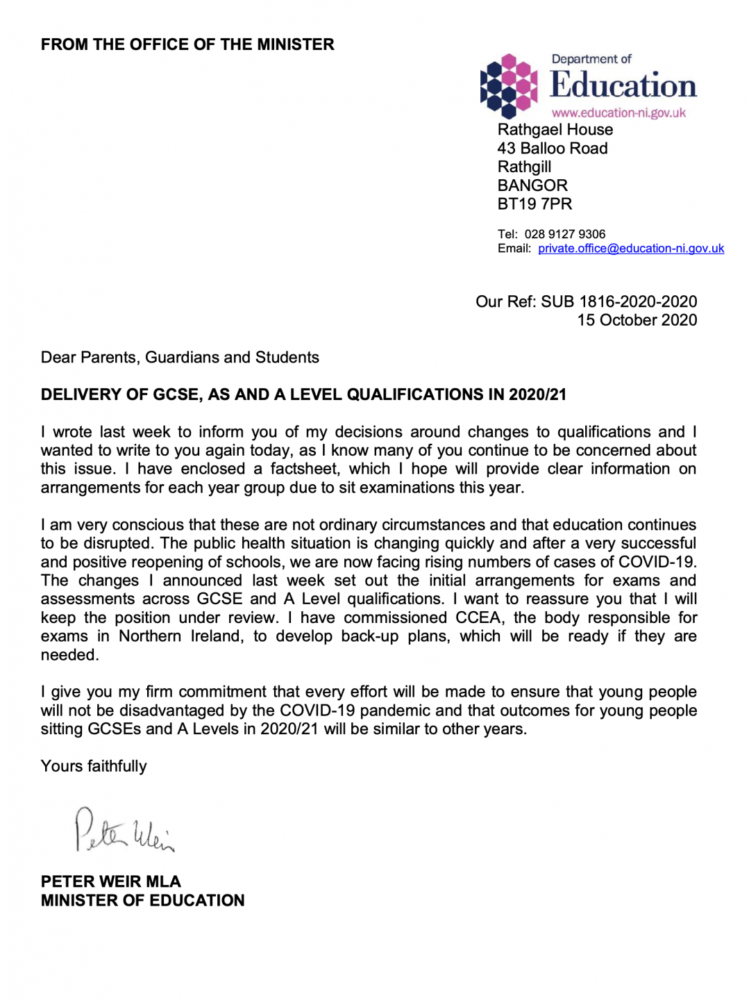 Letter from the Minister of Education – Delivery of GCSE, AS and A ...